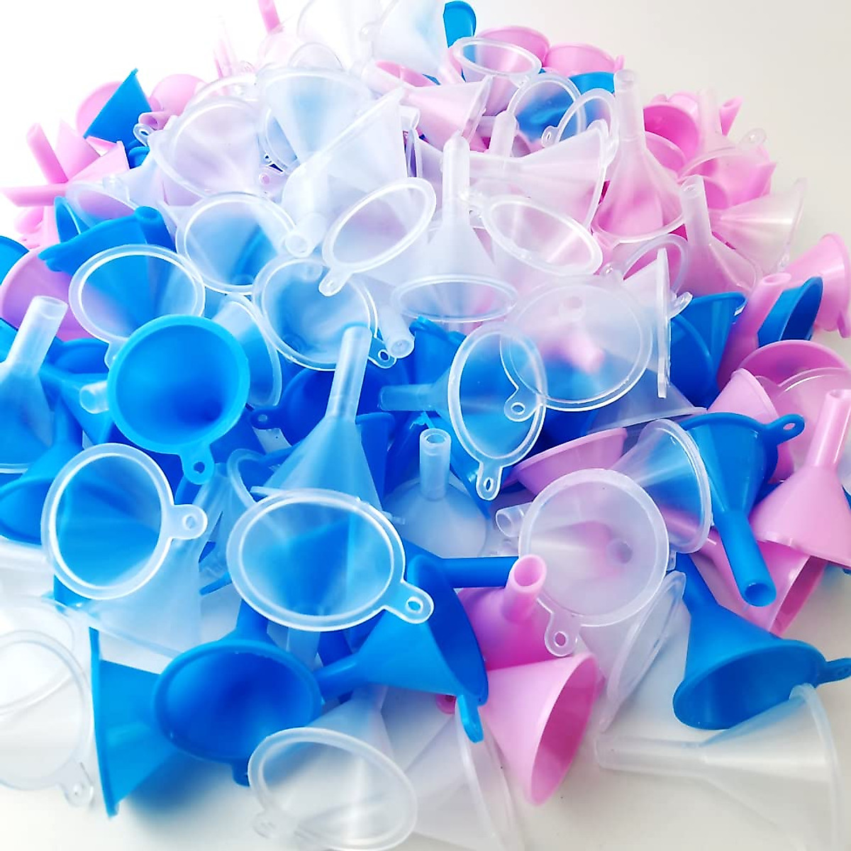 GXXMEI 120pack Mini Plastic Funnel Little Small Funnel Set Tiny Separatory Funnel for Lab Bottles,Capsule,Sand Art, Essential Oils,Perfumes,Spices, Powder（3color）