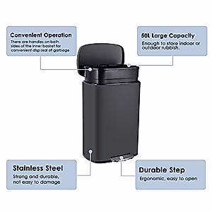 FINETONES Trash Can, Stainless Steel Garbage Can with Silent Lid, Durable Pedal & Inner Bucket, Pedal Garbage Bin for Kitchen Inside Outside (50L, Dark Gray)