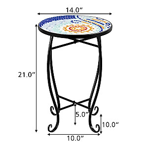 RELAX4LIFE Side Table Outdoor Mosaic Round 14 Inch W/Glass Table Top and Steel Fram for Patio, Lawn, Garden, Balcony and Home, Small End Table (Navy)