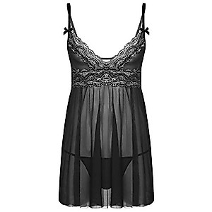 MSemis Sissy Babydoll Lingerie Nightie Dress Men Lace Sheer Tank Nightgown Crossress Nightdress Nightshirt Black X-Large