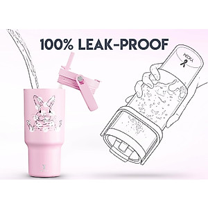 Meoky 32 oz Tumbler with Handle, Tumbler with Lid and Straw, Stainless Steel Travel Mug, 100% Leak Proof, Keeps Cold for 24 Hours, Fits in Car Cup Holder (Bunny)