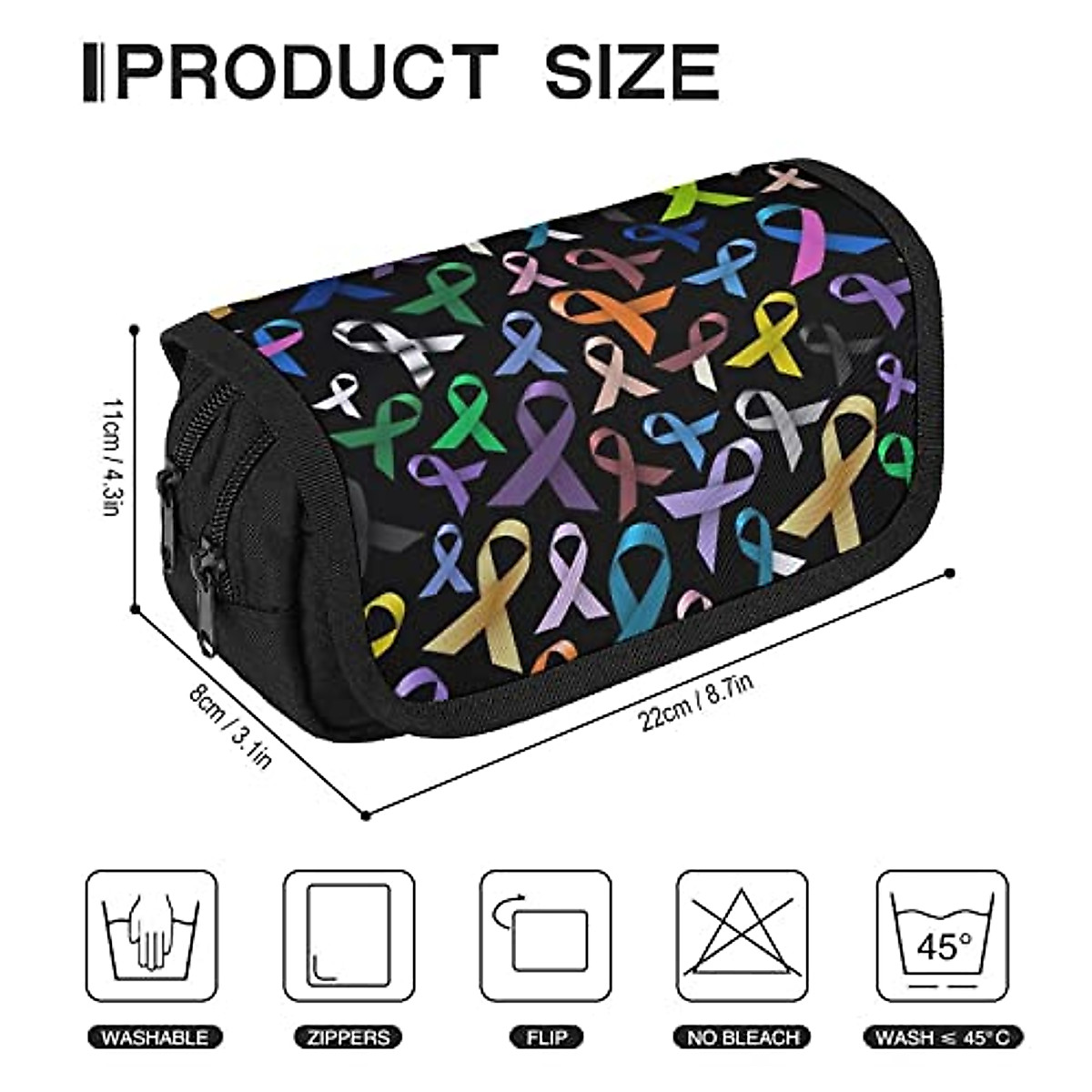 Cancer Awareness Color Ribbons Large Capacity Pencil Case Multi-Slot Pencil Bag Portable Pen Storage Pouch with Zipper