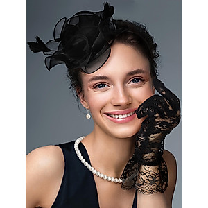 Bonuci 4 Pcs 50s Fascinator Hat for Women Black Funeral Veil Hat Tea Party Headpiece Lace Glove Pearl Necklace Earring(Elegant Style)