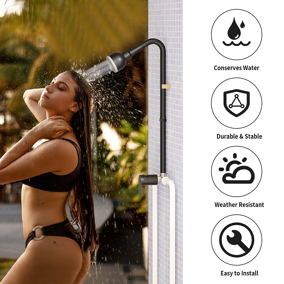 Outdoor Shower Stainless Steel Exposed Shower Head Kit, Environmentally Friendly Faucet, Shower Head Outdoor Backyard Poolside Beach Pool Spa for Easy Installation, Matte Black