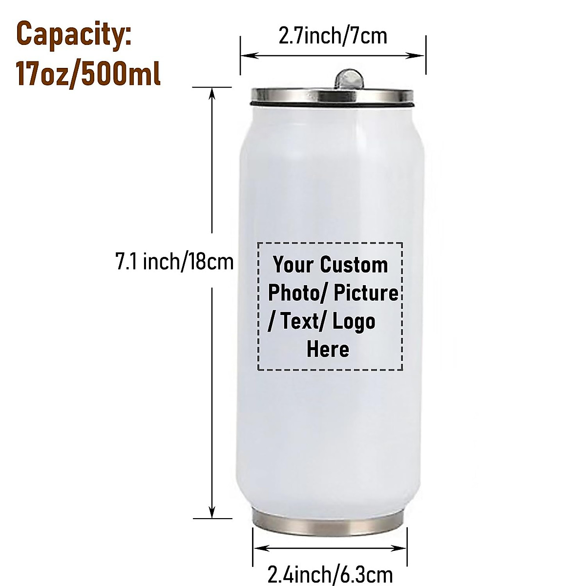Custom 17oz Insulated Can Personalized Photo Picture Text or Logo Stainless Steel Double-walled Tumblers Great Gifts on Birthdays Father's Day Halloween Thanksgiving Christmas (White, Custom 17)
