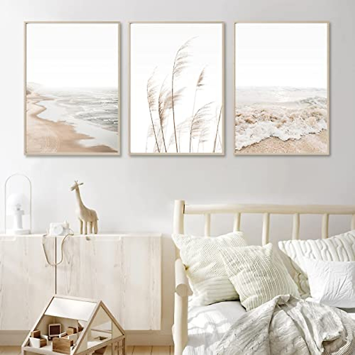 Beach Wall Art Boho Prints Coastal Canvas Wall Art UNFRAMED, Beach Pictures Wall Art Pampas Grass Ocean Poster Plant Landscape Beach Scene Artwork for Living Room Bedroom Decor 16x24 Inch, Set of 3