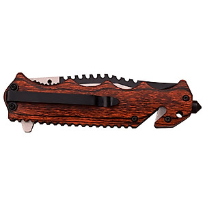 TAC FORCE Spring Assisted Folding Pocket Knife – Black and Satin Finish Stainless Steel Blade, Brown Wood Handle with Rope Cutter, Glass Punch, Tactical, EDC, Rescue - TF-809WD