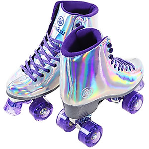 JajaHoho Roller Skates for Women, Holographic High Top PU Leather Rollerskates, Purple Shiny Double-Row Four Wheels Quad Skates, Age 8-50 Indoor Outdoor, Silver, Aluminum Trucks Baseplate, Size 8