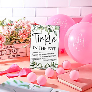 Tatuo 71 Baby Shower Game Sign Wooden Baby Shower Sign Tinkle in the Pot Game Sign Gender Reveal Party Favors 20 Table Tennis Pink Balls 50 Pink Balloon Baby Latex Balloon for Baby Shower Game
