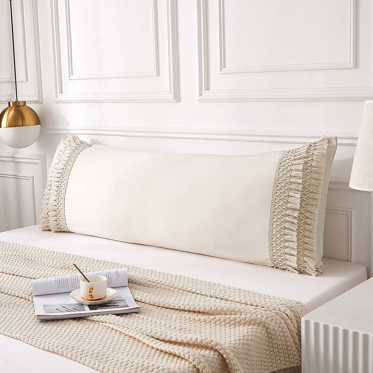 Beige Tassel Body Pillow Cover 20x54 inches Boho Chic Macrame Tassel Decor Body Pillow Case Cover with Pocket Closure(Body,Beige Tassel)