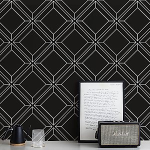 Heroad Black Wallpaper Peel and Stick Geometric Contact Paper Black and White Removable Wall Paper Modern Contact Paper for Cabinets and Drawers Waterproof Self-Adhesive Vinyl Roll 17.3” x 78.7”