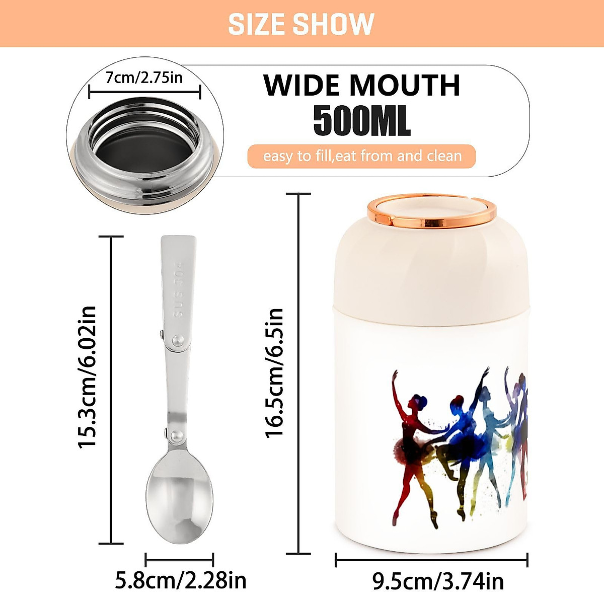 Ballerina Dancing Kids Womens Lunch Insulated Jar with Spoon 17oz/500ml Hot Food Storage Stainless Steel Vacuum Vacuum Insulated Thermal Lunch for Keep Food Warm