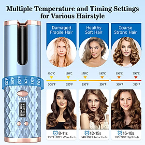 Automatic Curling Iron, Cordless Auto Hair Curler, Ceramic Rotating Hair Curler with 6 Temps & Timers, Portable Rechargeable Curling Wand, Auto Shut-Off, Fast Heating Iron for Styling