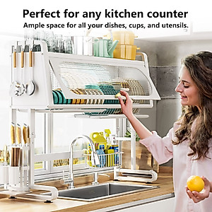 wercome 2023 Free Installation Over The Sink Dish Drying Rack Adjustable 3-Tier Full Stainless Steel Dish Drainer Shelf Rack Collapsible Large Kitchen Counter Storage Dish Rack (Silver)