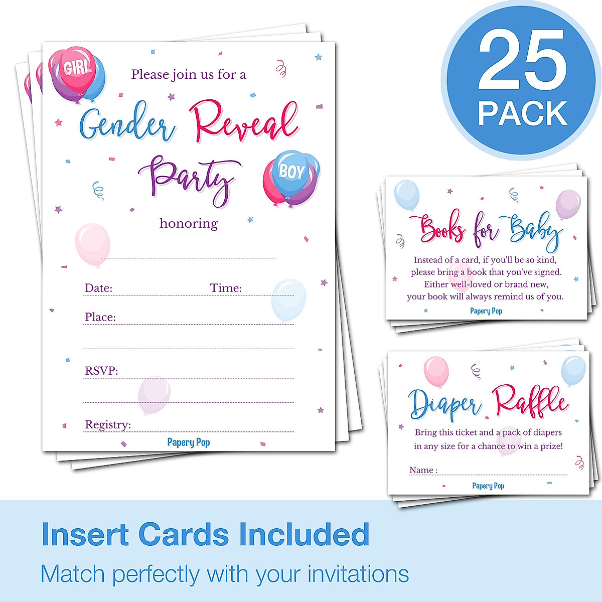 Set of 25 Gender Reveal Party Invitations with Envelopes, Diaper Raffle Tickets and Baby Shower Book Request Cards