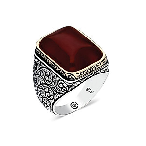 Men Red Handmade Ring, Red Agate Stone Ring, Silver Round Ring, Pen Men's Ring, 925k Sterling Silver Ring, Ottoman Style Ring