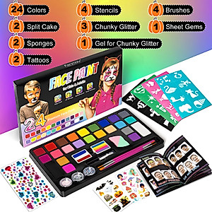 Fenmay Face Painting Kit for Kids, 24 Colors Washable Face Paint, Safe for Sensitive Skin, Non-Toxic Professional Face Painting Kit, Halloween Birthdays Makeup Set with Stencils, Guide Book
