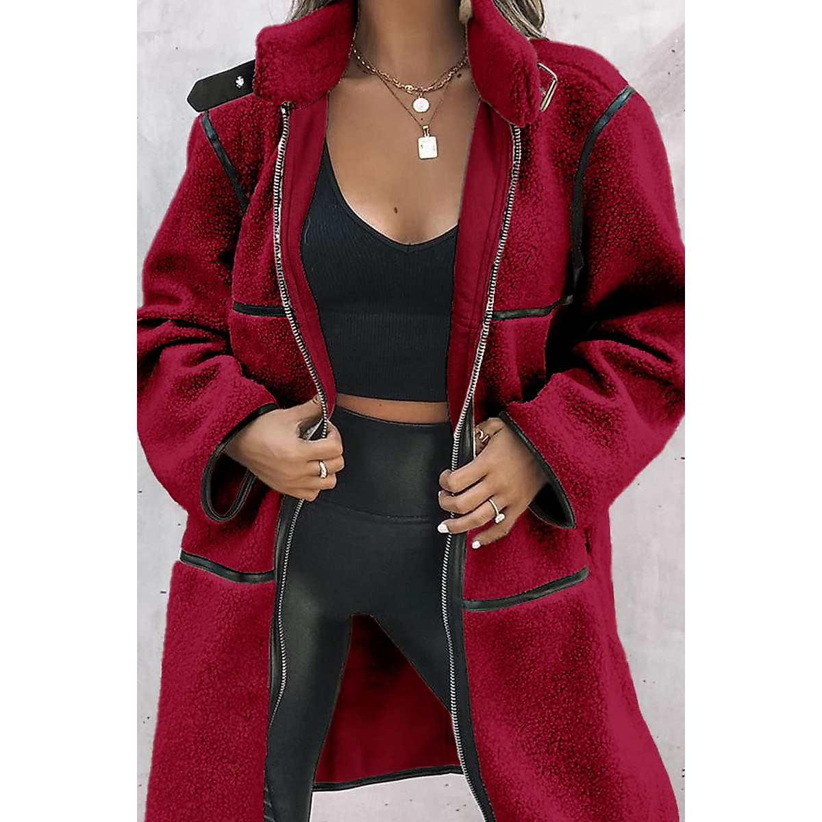 PRETTYGARDEN Women's Full Zip Fleece Jacket Long Sleeve Lapel Warm Winter Sherpa Coat With Pockets (Jujube Red,Large)