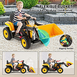 JOYLDIAS 12V Ride On Excavator with 2.4GHz Remote Control, Electric Construction Vehicle Bulldozer for Kids Digger with 3 Speeds, Bluetooth, Microphone Jack, Music, Lights, Yellow