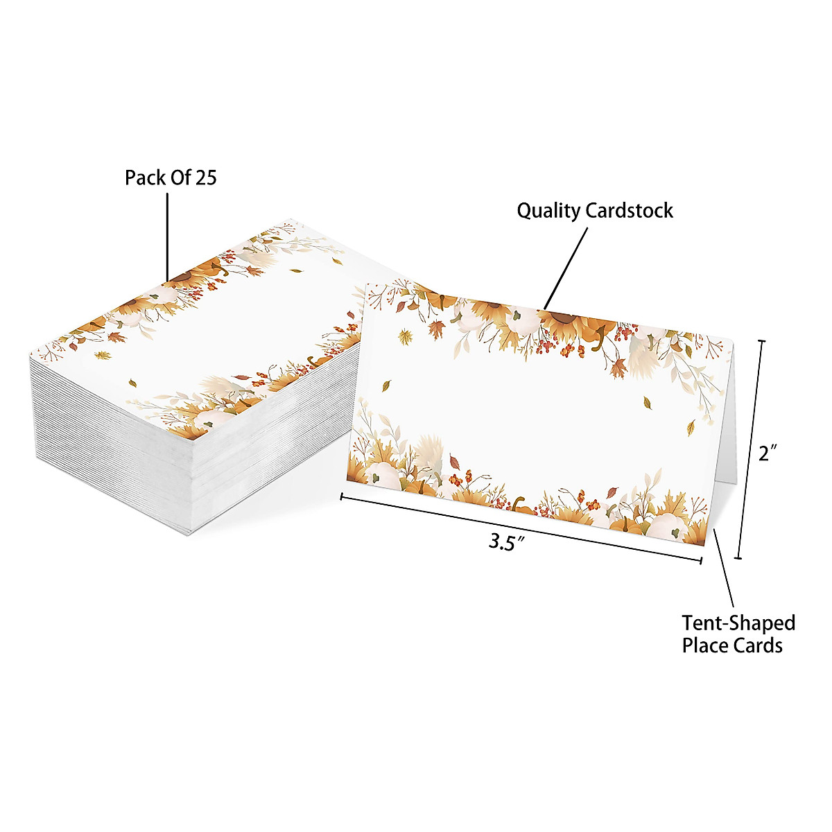 Table Place Card, Fall Harvest Thanksgiving Themed Tent Style Cards, Pack of 25 Half-Fold Reception Place Card with Pumpkin, Perfect for Thanksgiving Dinner, Party, Birthday, Wedding, Banquet A06