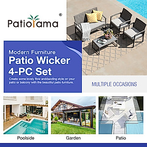 Patiorama 4 Pieces Outdoor Patio Furniture, Wicker Conversation, Rattan Chair, Modern Bistro Set with Coffee Table, Garden Balcony Backyard Poolside (Light Grey)