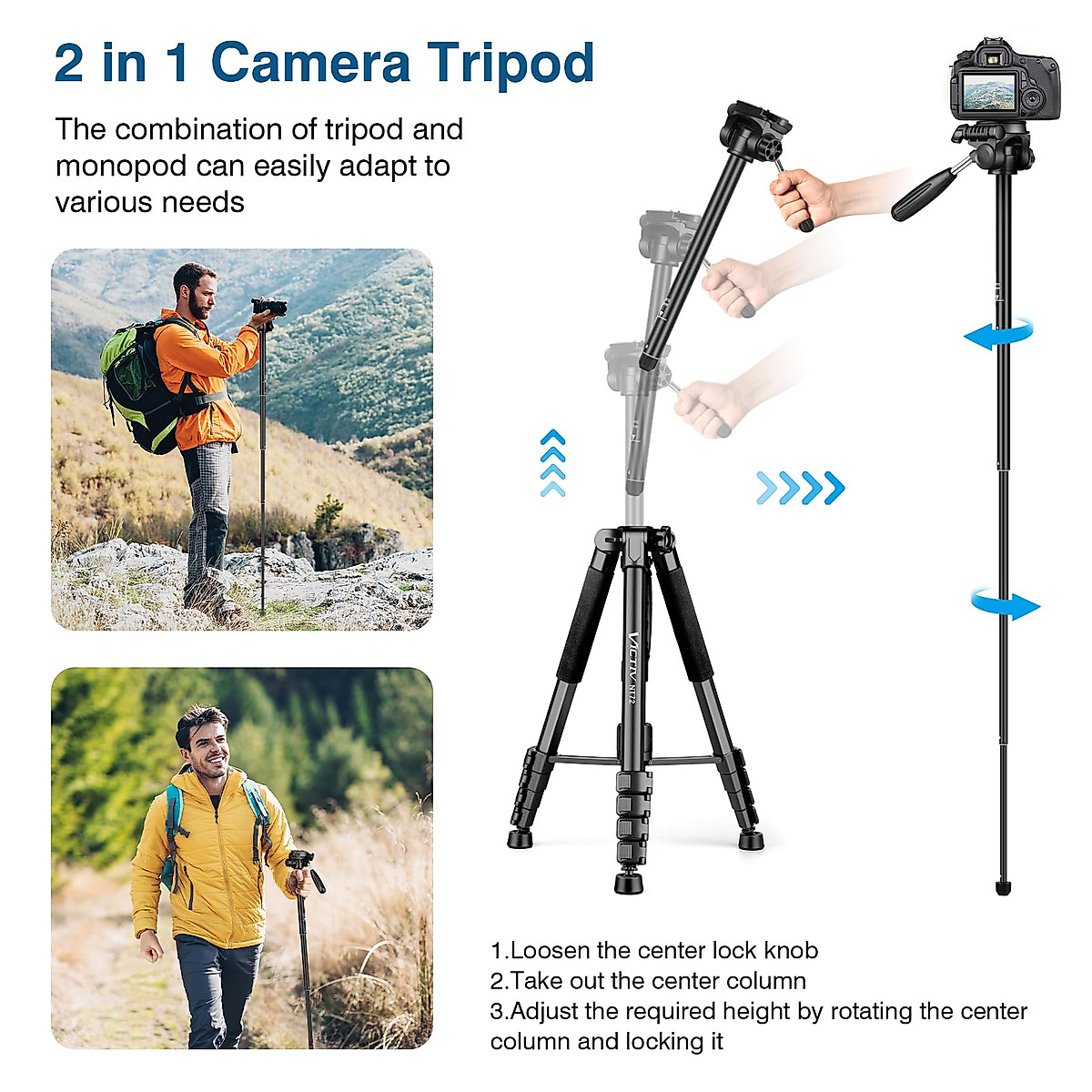 Tripod for Camera, 75 inch Tall Camera Tripod with Remote, Professional Heavy Duty Tripod for DSLR, Spotting Scopes, Binocular, Cell Phone, Compact Camera Stand Tripod, Compatible with Canon Nikon