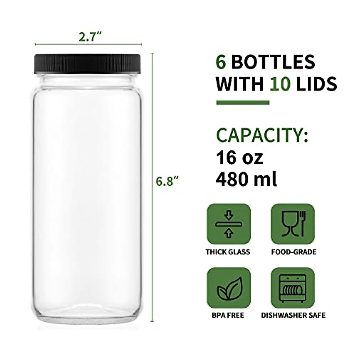 Glass Juice Bottles for Juicing, Airtight Lids & 4 Straws & 4 Lids w Hole, 16 oz Jars with Lids, Reusable Travel Water Cups, 12 Labels for Smoothies, Tea, Milk, Homemade Beverage (6 Pack, Black Lids)