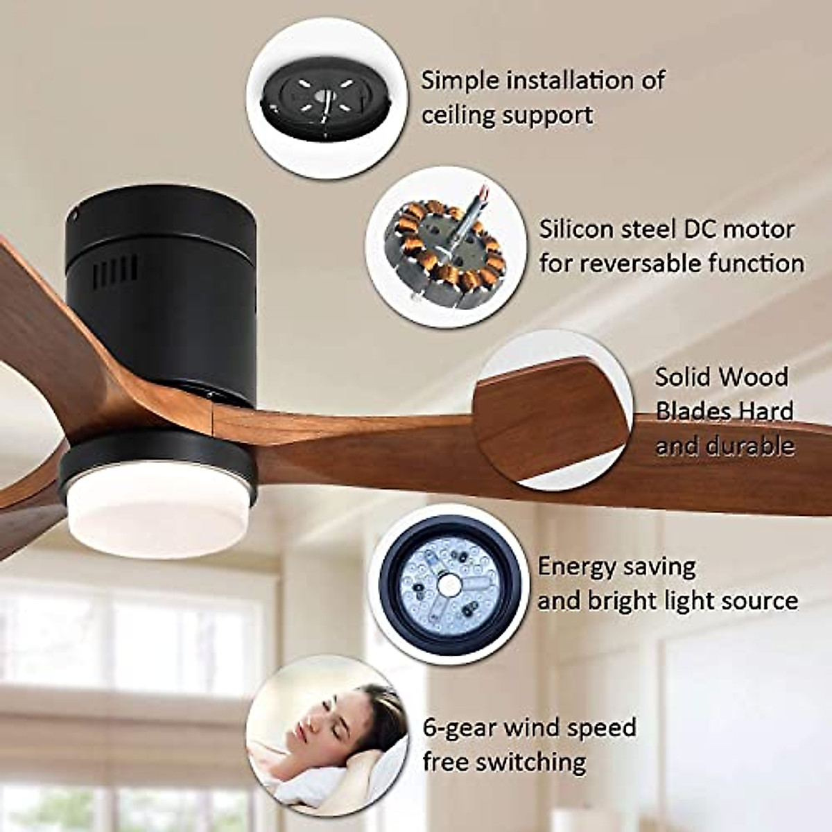 CACI Mall Flush Mount Ceiling Fan with Light， Low Profile Ceiling Fan with Remote Control，52'' indoor Ceiling Fan，3 Walnut Wood Blades， Noiseless DC Motor