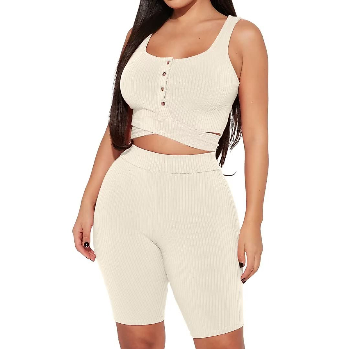 Kafiloe Workout Set for Women Seamless 2 Piece Gym Yoga Set Sleeveless Tank Crop Top High Waist Ribbed Biker Shorts Set Beige XL