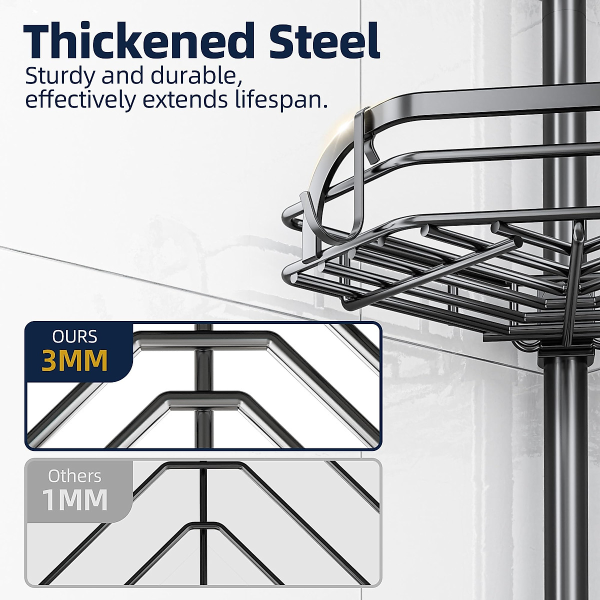 LAMU Corner Shower Caddy Tension Pole, Shower Corner Caddy Fits 29-111 Inch Heights, Tension Shower Caddy With Adhesive Clamp, Four-Tier Adjustable Shower Caddy, 4 Hooks, Thick Rustproof Steel, Black