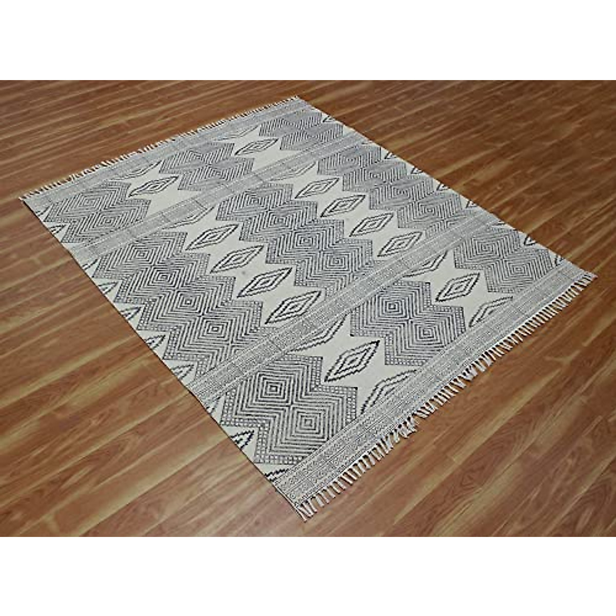 Casavani Hand Block Printed Cotton Dhurrie Geometric Gray & Beige Tassel Rug Easy Care Washable Rugs for Doormat Entryway Living Room Bedroom Hallway Balcony 2.6x10 Feet Runner