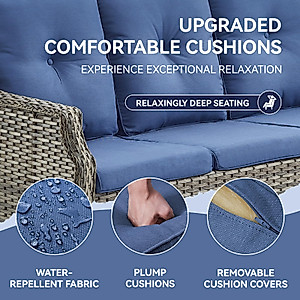 Bellefurn Patio Sofa Couch Outdoor Wicker Sofa PE Rattan 3-Seat Couch with Curved Armest Water Resistant Cushions for Garden Balcony Sunroom Poolside, Grey Wicker|Blue Cushions, Sofa(1PC)