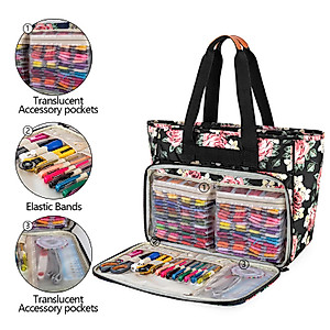 Yarwo Embroidery Project Bag, Embroidery Kits Storage Bag with Multiple Pockets for Embroidery Hoops (Up to 11.2"), Embroidery Floss or Other Embroidery Supplies, Black Peony (Bag Only)