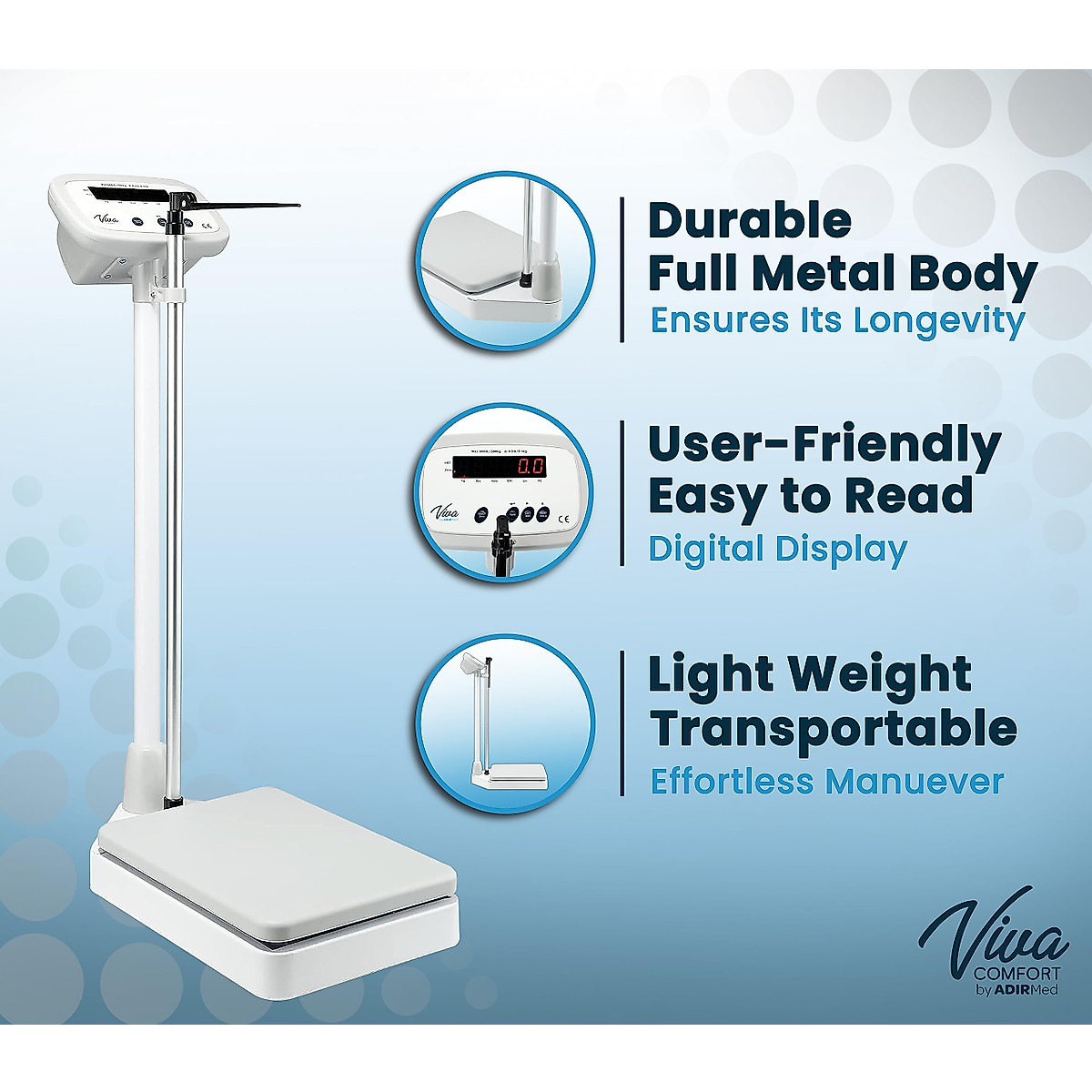AdirMed Digital Physician Scale with Mechanical Height Rod - Eye-Level Measuring Station for Body Weight, Height & BMI - Ideal for Gyms, Medical Facilities & Rehabilitation Centers