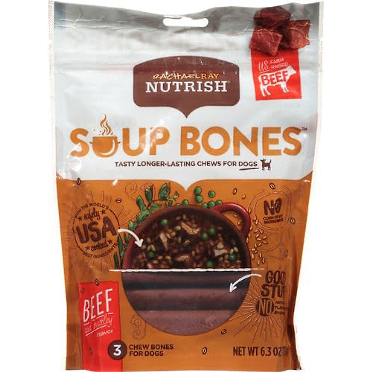 Rachael Ray Nutrish Soup Bones Dog Treats, Real Beef & Barley Flavor, 3 Bones, 6.3 Ounces (Pack of 2)