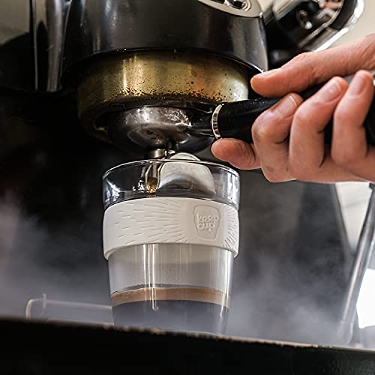 KeepCup Reusable Tempered Glass Coffee Cup | Travel Mug with Spill Proof Lid, Non-Slip Silicone Band, Lightweight, BPA Free | Medium | 12oz | Qahwa