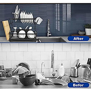 gretuld Dish Drying Rack,2 Tier Detachable Dish Drying Rack with Drainboard Set for Kitchen Counter,Black Metal Dish Rack with Wine Glass Holder and Utensils Holder