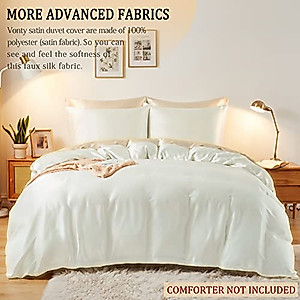 Vonty 3-Piece Silky Satin Duvet Cover Set Full/Queen Size Duvet Cover, Organic Natural 400TC Ivory White Duvet Cover Set - Luxury & Sexy Bedding Duvet Covers with Zipper Closure(No Comforter)