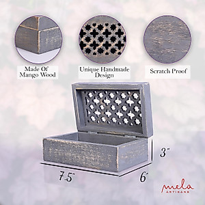 Mela Artisans Medium Keepsake Box with Hinged Trellis Lid - Distressed Dove | Wooden Decorative Box | Keepsake Memory Box | Mango Wood Storage Box | Store Trinkets, Cards & Stash | 7.5” x 4.5” x 3