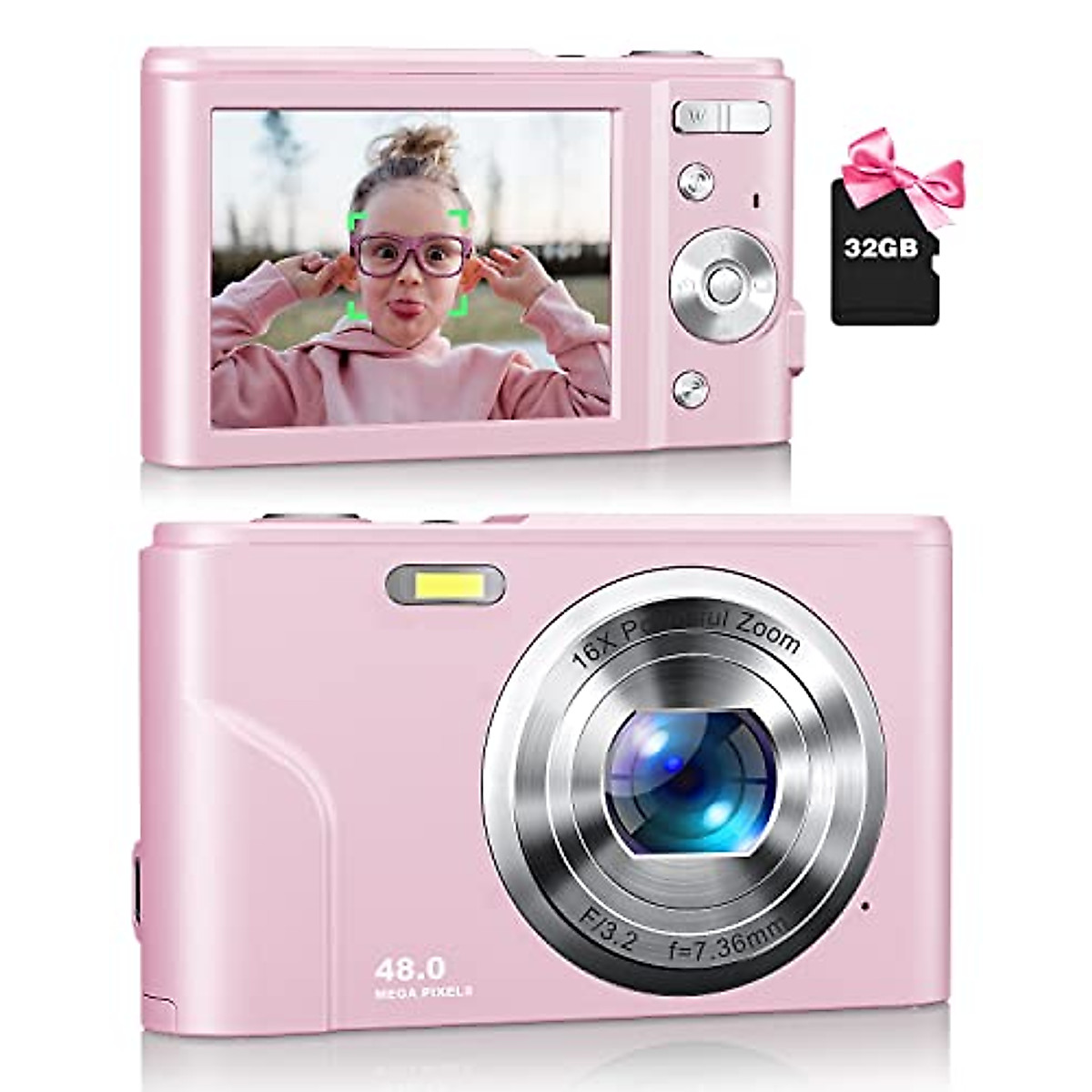 Digital Camera, Zostuic 48MP Autofocus Kids Camera with 32GB Card 1080P Video Camera with 16X Zoom, Compact Portable Small Cameras Christmas Birthday Gift for Children Kid Teen Student Girl Boy(Pink)