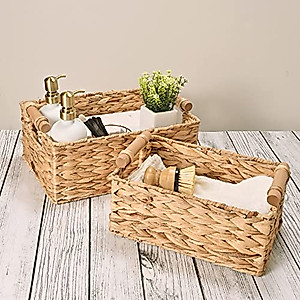 Donmills Wicker Storage Basket Rectangular with Wooden Handles for Shelves, Natural Water Hyacinth Handmade Pantry Basket Storage for Organizing, Woven Cube Storage Bin with Chalkboard Label