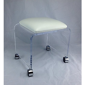 One Stop Plastic Shop Clear Acrylic Vanity Bench with White Vinyl Cushion and Chrome Casters
