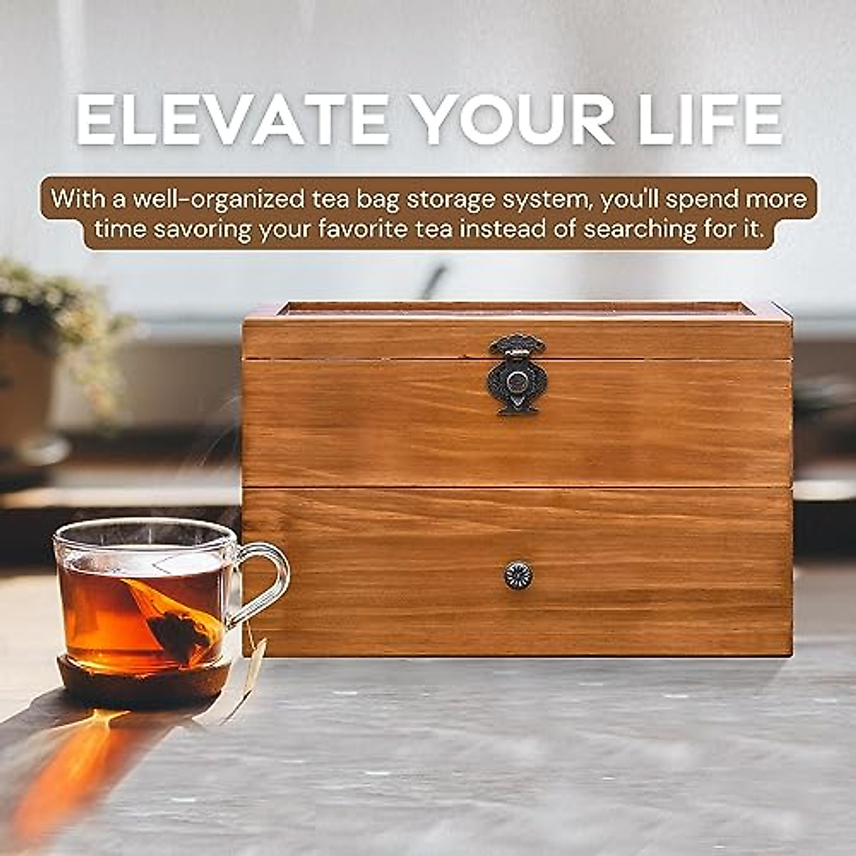 WELLAND Tea Box for Tea Bags Organizer, Tea Storage Chest with Clear Acrylic Window, 2-layer 14 Compartments Large Tea Organizer, Gift Idea