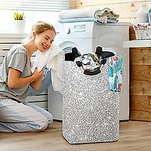 Laundry Hamper Silver Glitter Sparkle Bling Large Storage Bins Waterproof Foldable Canvas Laundry Hamper Bucket with Handles for Storage Bin,Kids Room,Home Organizer,Nursery Storage,Baby Hamper