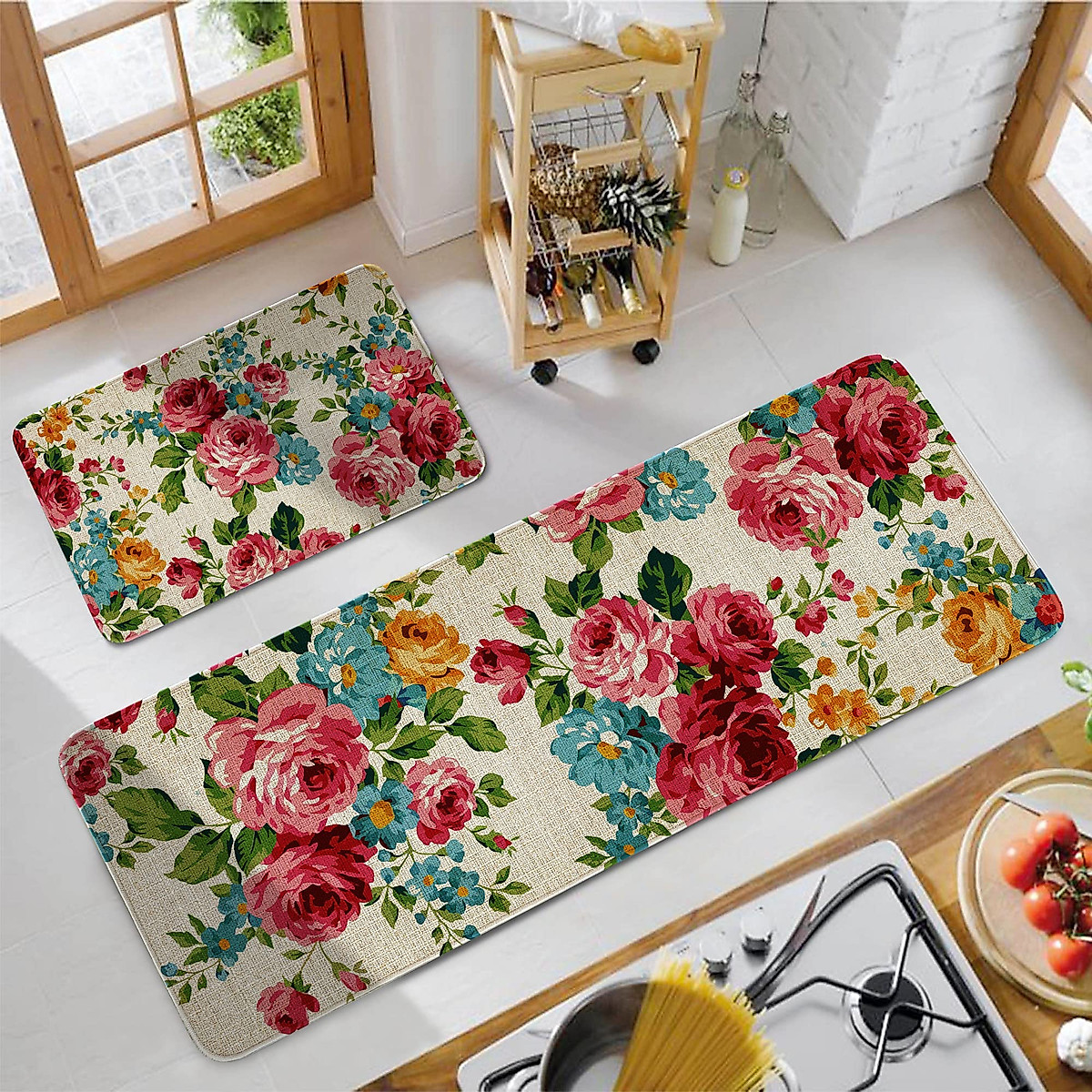 Safarsa Kitchen Mats for Floor Set of 2 Pieces Kitchen Rugs and Mats Non Skid Washable Kitchen Floor Mat(17" Wx30 L+17" Wx 47" L Pink Red Roses Floral)