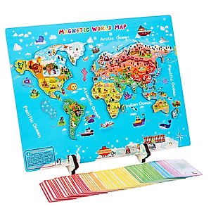 ExBePe Genuine Magnetic Wooden World Map Puzzle,92 Country Flash Cards,National Flags Introduction,Preschool Learning Education Geography Toy for Kid Ages 3+
