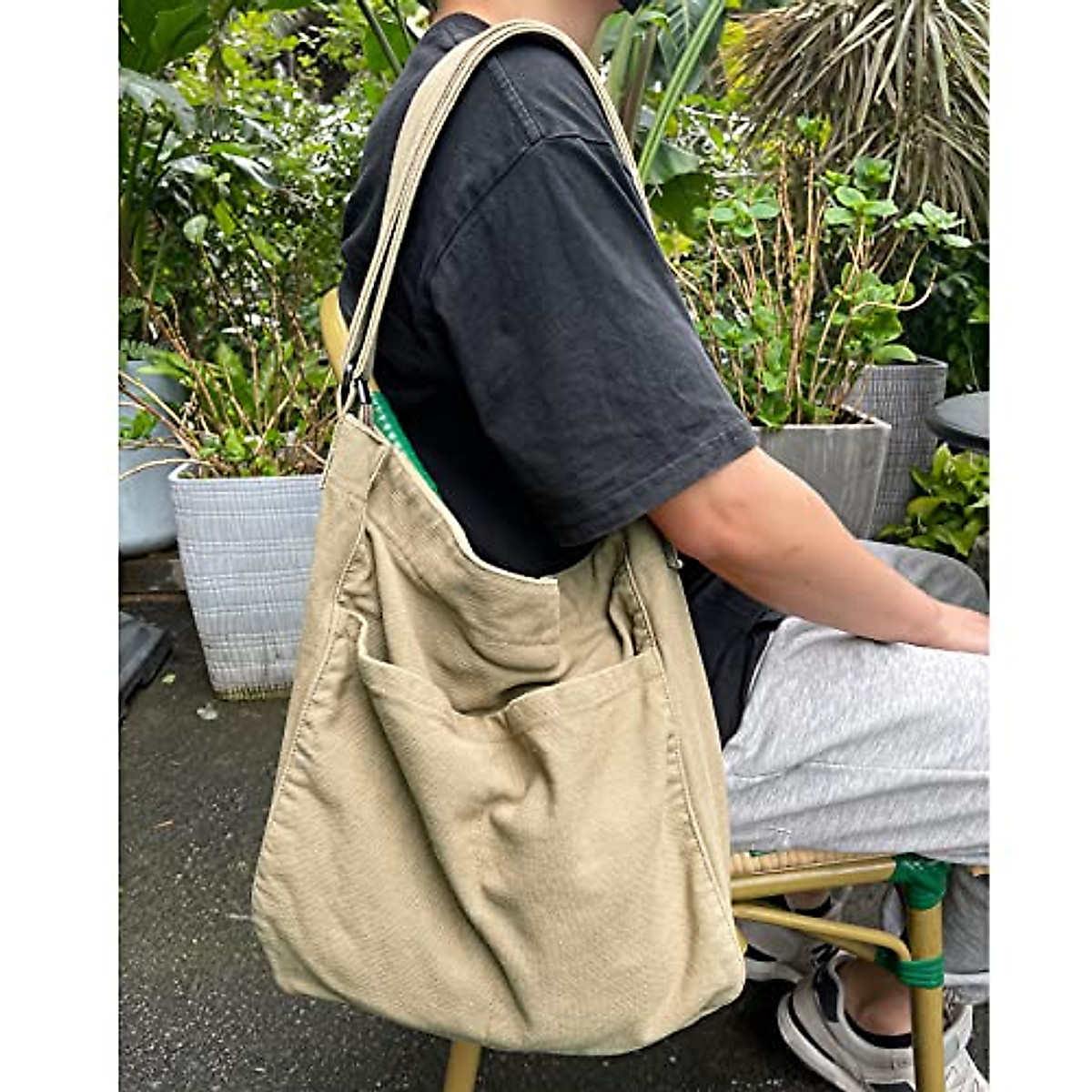 Canvas Hobo Crossbody Shoulder Tote Bag for Women and Men W/Multi-pocket Casual Purse Messenger Bags Travel Work (Khaki/607)