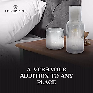Bruno Magli Ribbed Carafe | 2-Pc Set | Drinking Glass Tumbler Doubles as a Lid | Elegant Nightstand Water Pitcher with Matching Cup for Office, Home, & Guest Room Décor | Gift Boxed (Clear)