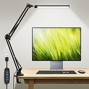 LED Desk Lamp with Clamp Swing Arm Desk lamp 360° Adjustable Eye-Caring Desk Light 3 Color Modes 10 Brightness Levels Memory Function Architect Table Desk Lamps for Home Office,Reading,12W Black