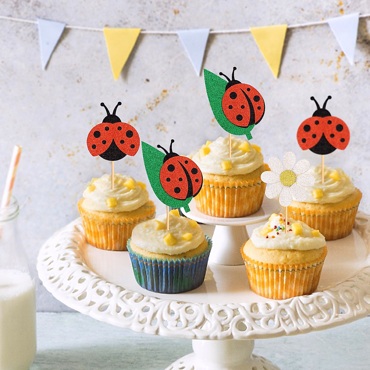 Cyodoos 24Pcs Ladybug Cupcake Toppers Flowers Insects Cupcake Picks Garden Theme Baby Shower Kids Birthday Party Cake Decorations Supplies